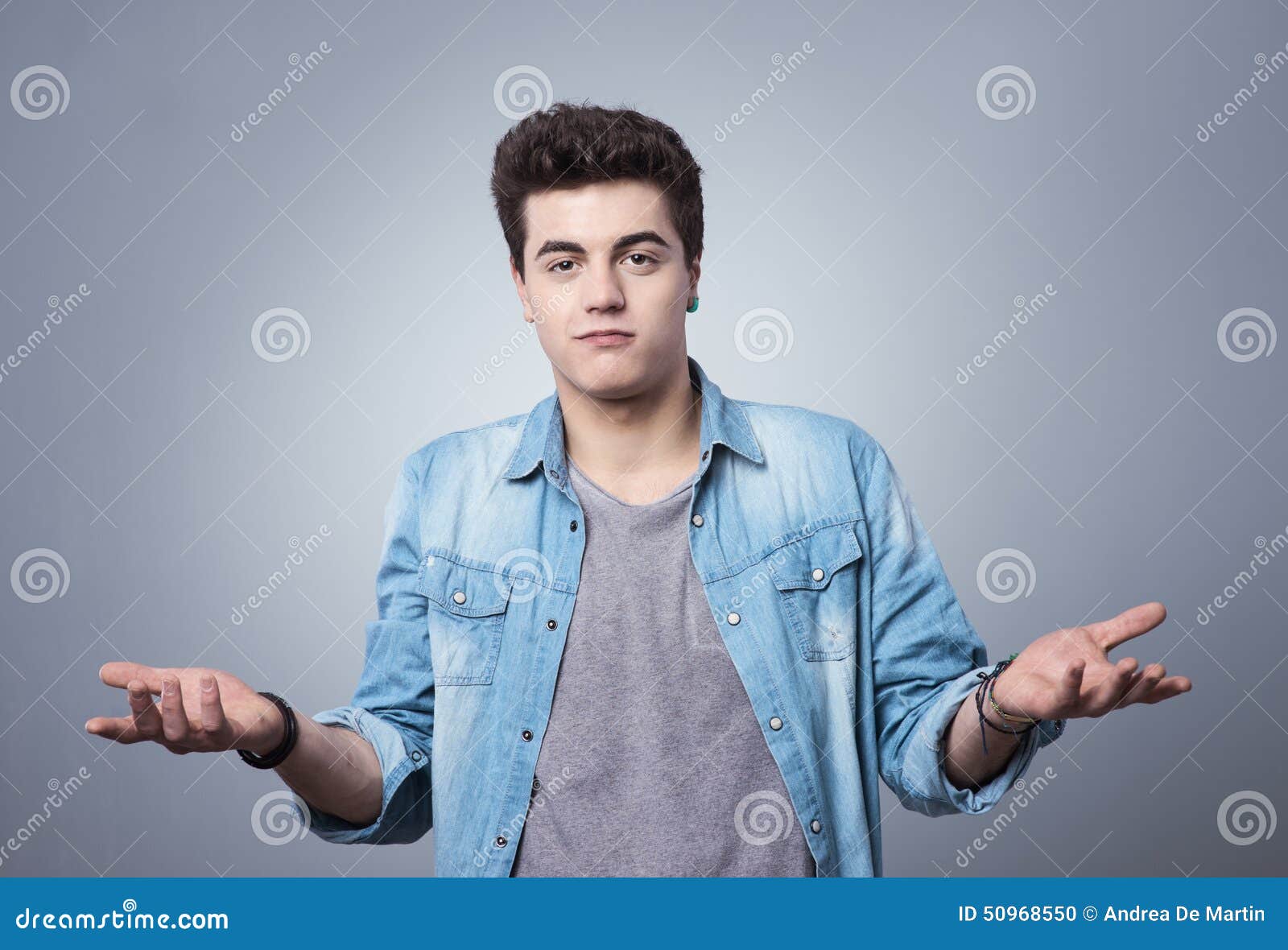 Shrugging Guy with Open Palms Stock Photo - Image of confused, brown ...