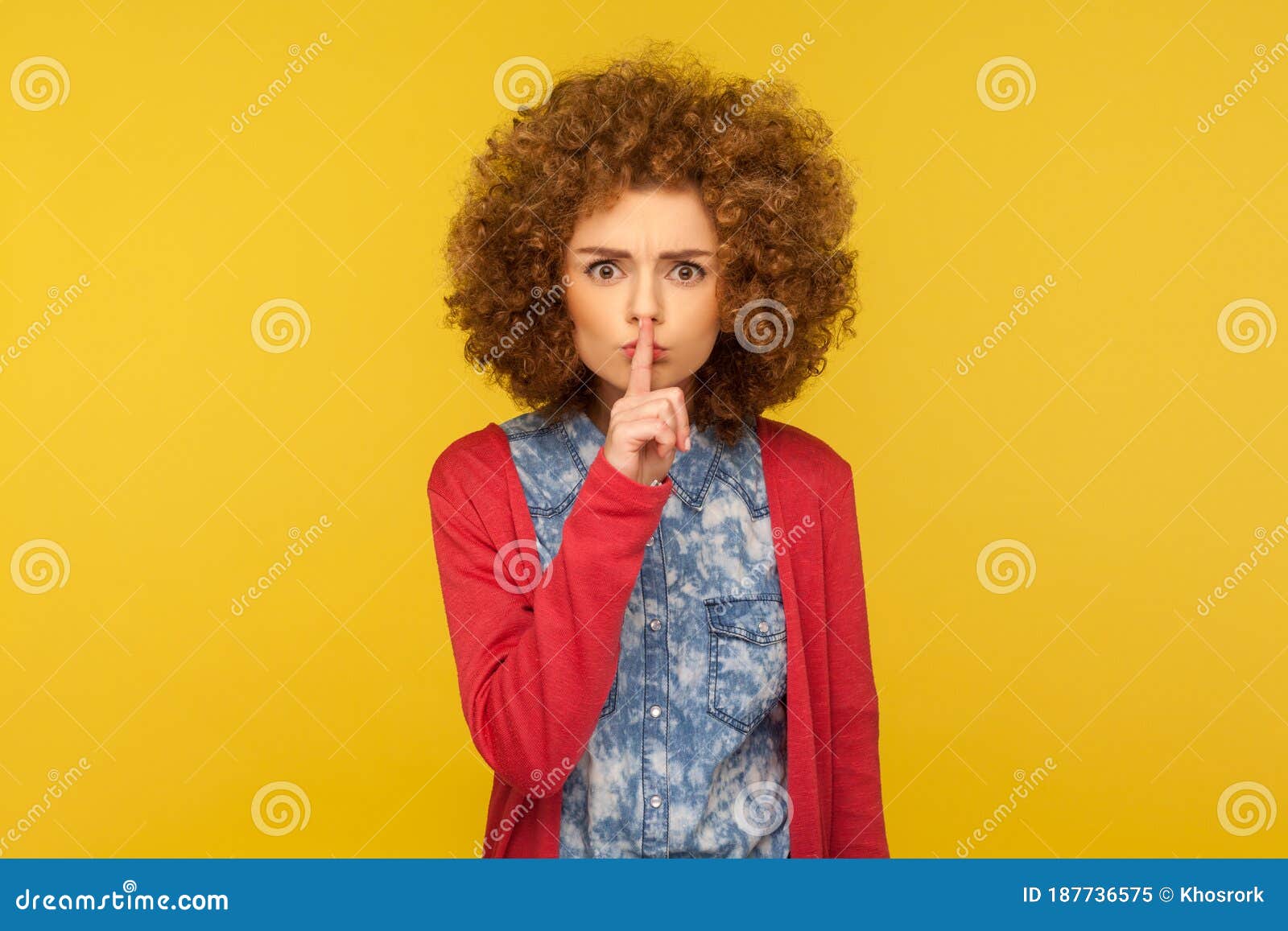 Shut Up Don`t Speak Portrait Of Displeased Woman With Curly Hair