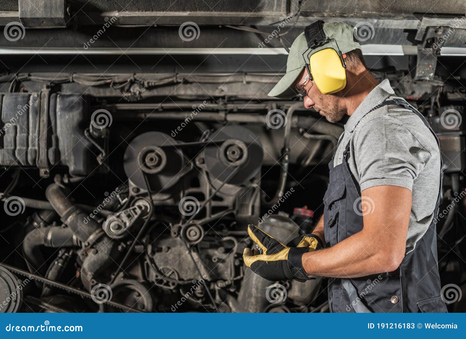 Shuttle Bus Diesel Engine Maintenance Performed by Technician Stock ...