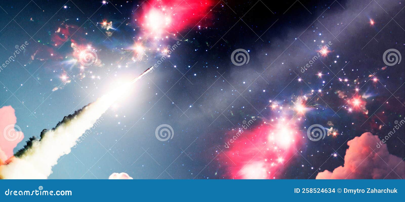 Shuttle Launch in the Clouds To Outer Space. Dark Space with Stars on ...