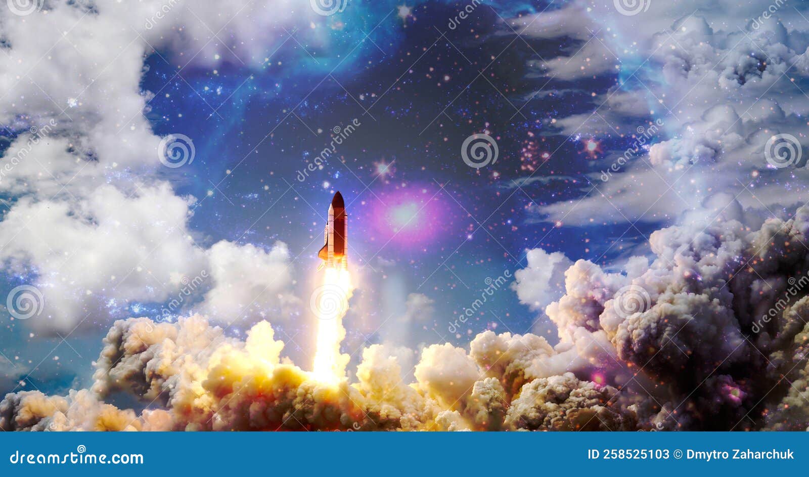 Shuttle Launch in the Clouds To Outer Space. Dark Space with Stars on ...