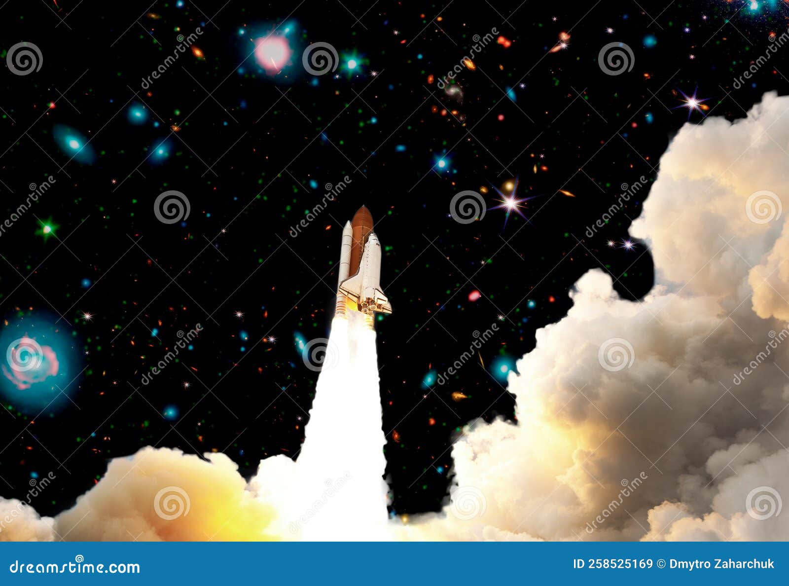 Shuttle Launch in the Clouds To Outer Space. Dark Space with Stars on ...