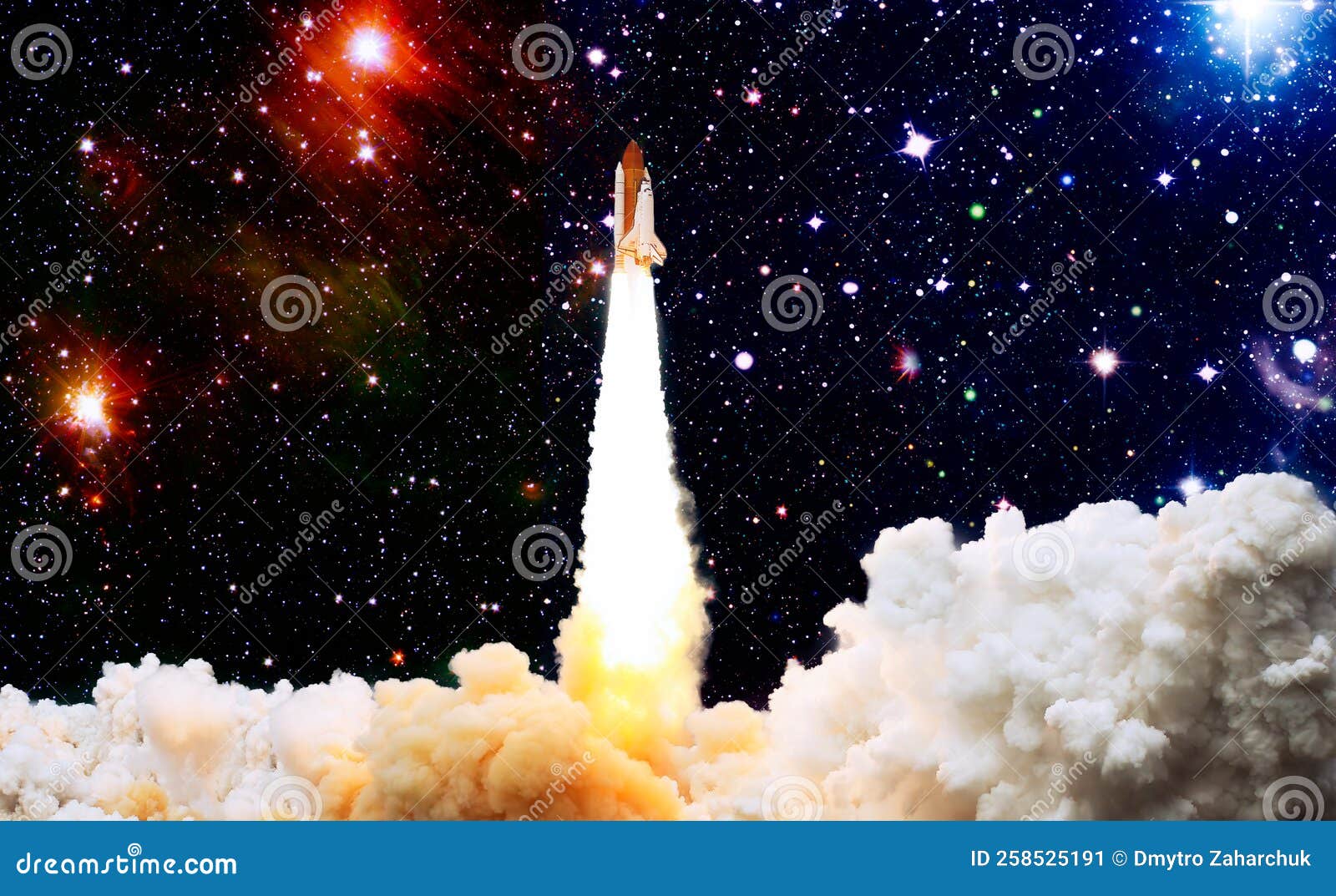 Shuttle Launch in the Clouds To Outer Space. Dark Space with Stars on ...