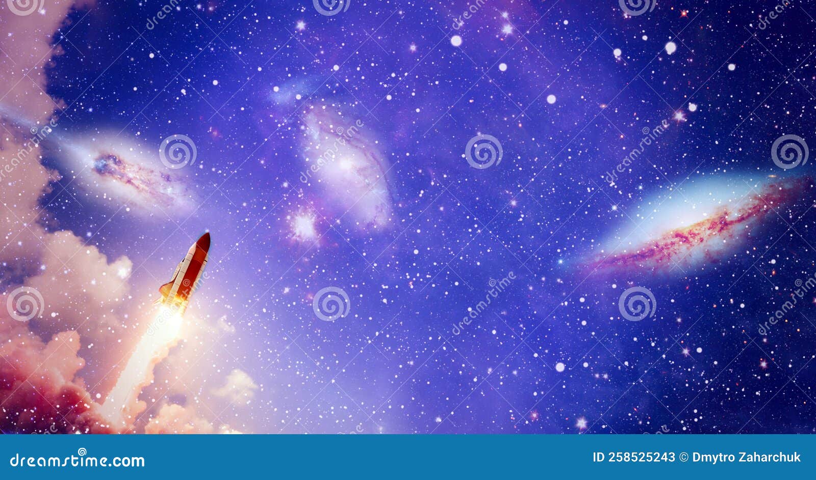 Shuttle Launch in the Clouds To Outer Space. Dark Space with Stars on ...