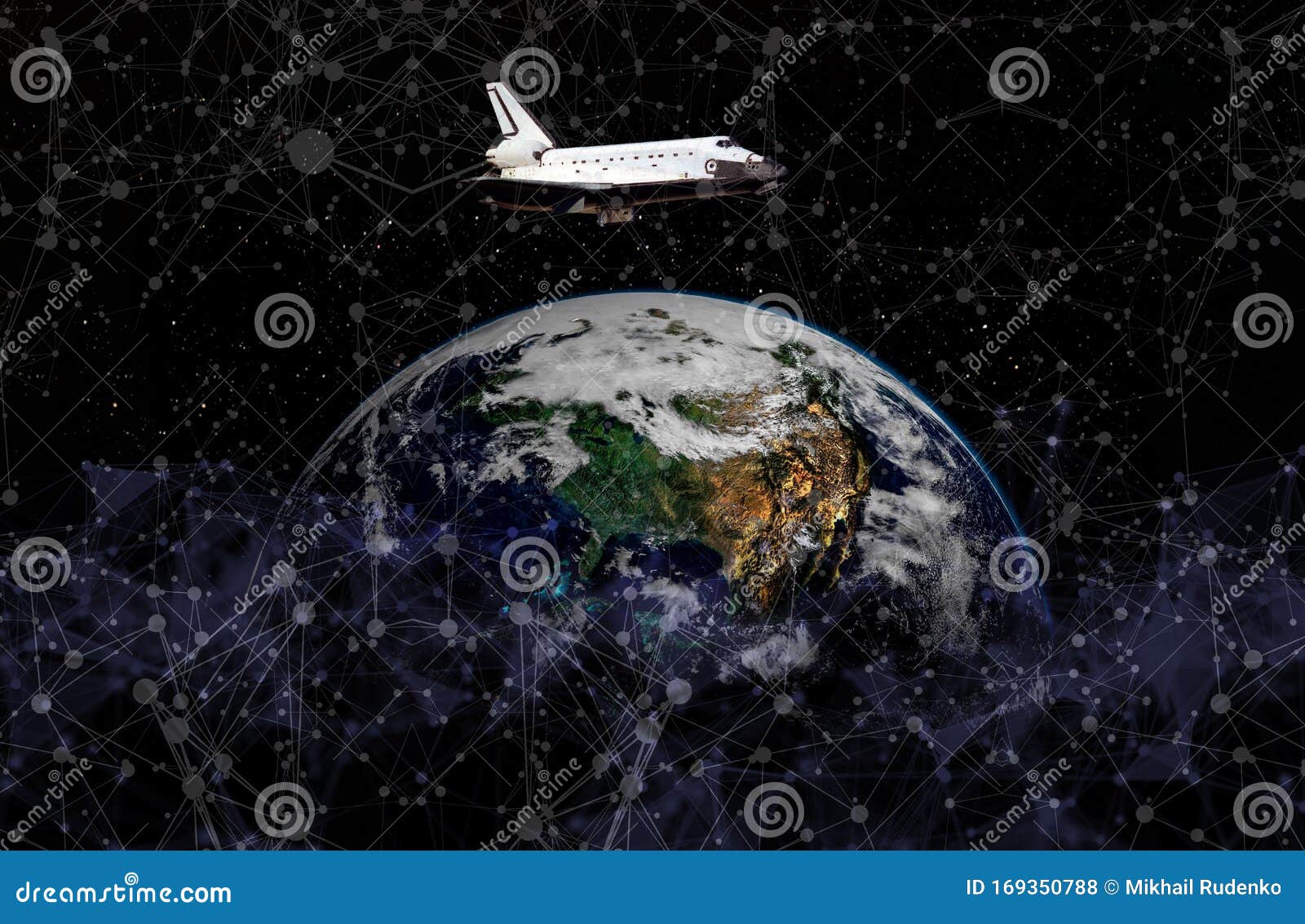 Space Ship Shuttle on the Earth Orbit in Atmosphere. Flying in Outer ...