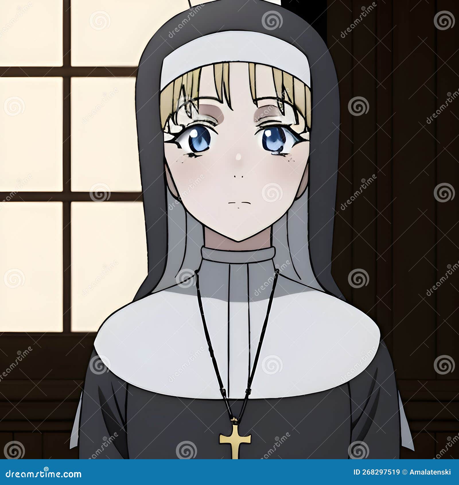 Shy Anime Manga Girl In A Nun Outfit Standing In A Monastery