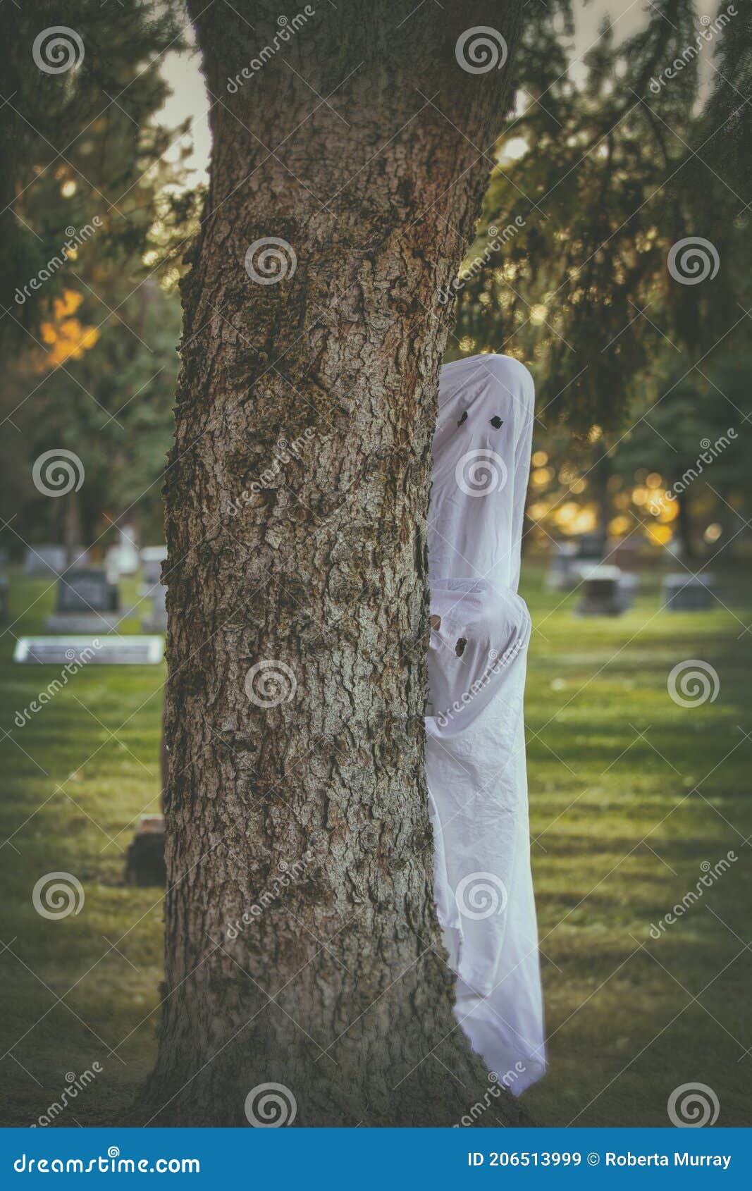 Shy Ghosts Hiding Behind a Tree Trunk Stock Image - Image of people ...