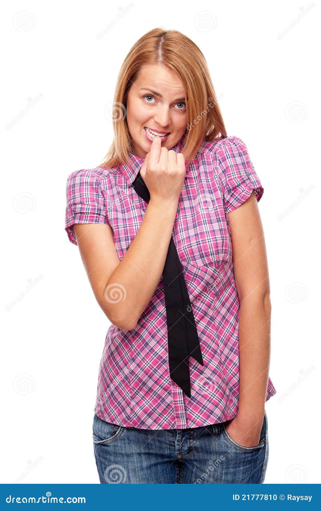 Shy girl standing on white stock photo. Image of colleague - 21777810