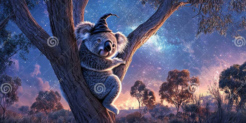 A Shy Koala Perched on a Eucalyptus Tree, Wearing a Tiny Witch Hat ...
