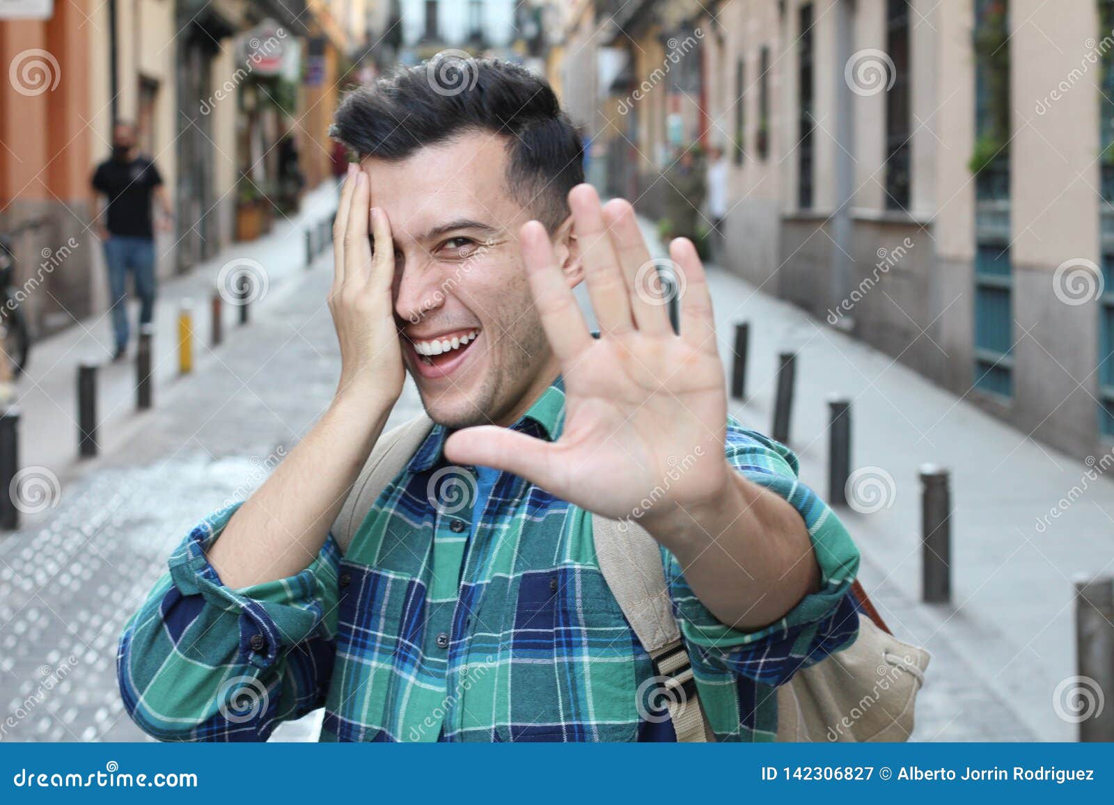 Shy Man Covering His Face while Smiling Stock Image - Image of eyes ...
