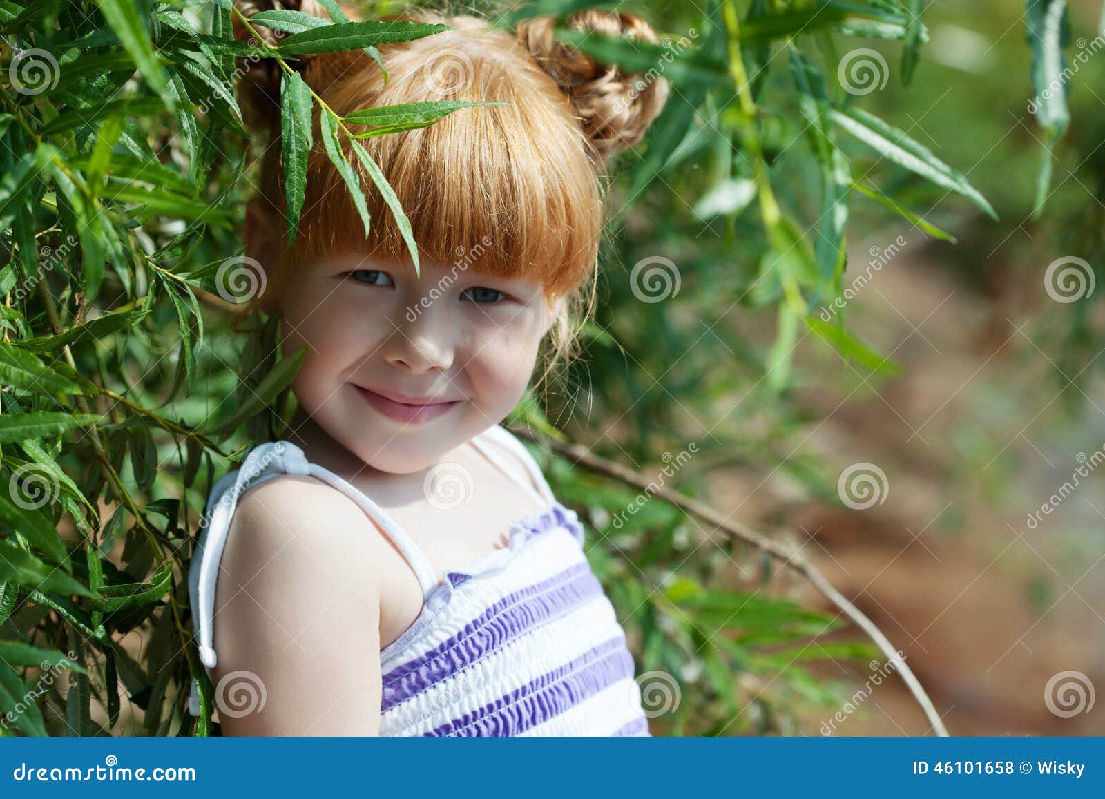 Shy Red-haired Girl Posing with Tree Stock Photo - Image of adorable ...