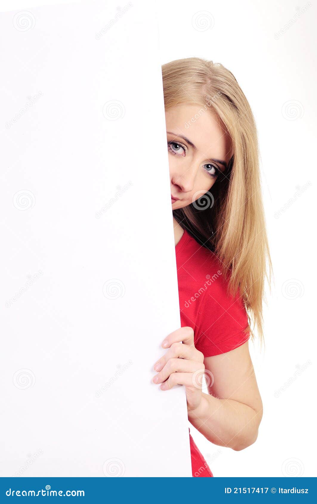 Shy Woman Looking Over Blank Card Stock Image - Image of card, blank ...