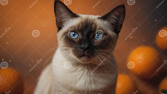 Siamese Cat with an Angry Expression on an Orange Background. Stock ...