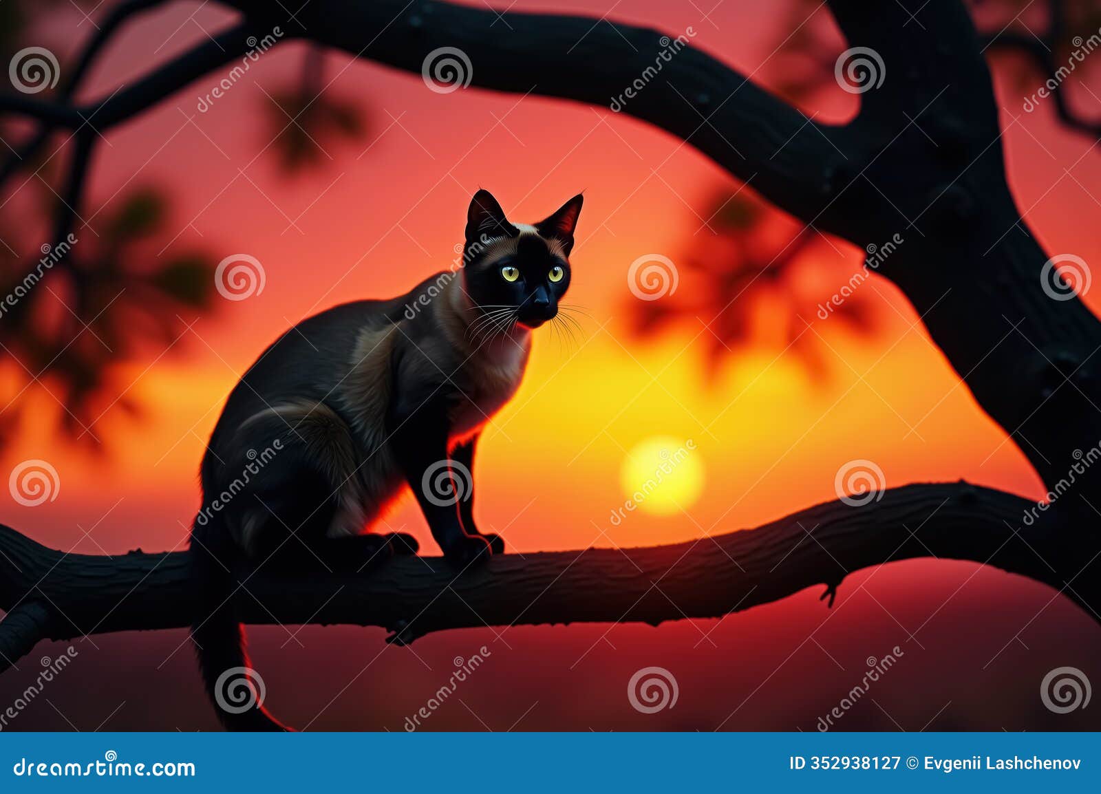 Siamese Cat Silhouette on Tree Branch at Vibrant Sunset. AI Generation ...