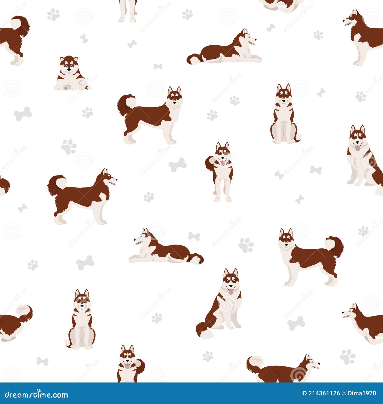 Siberian Husky Poses, Coat Colors Seamless Pattern Stock Vector ...