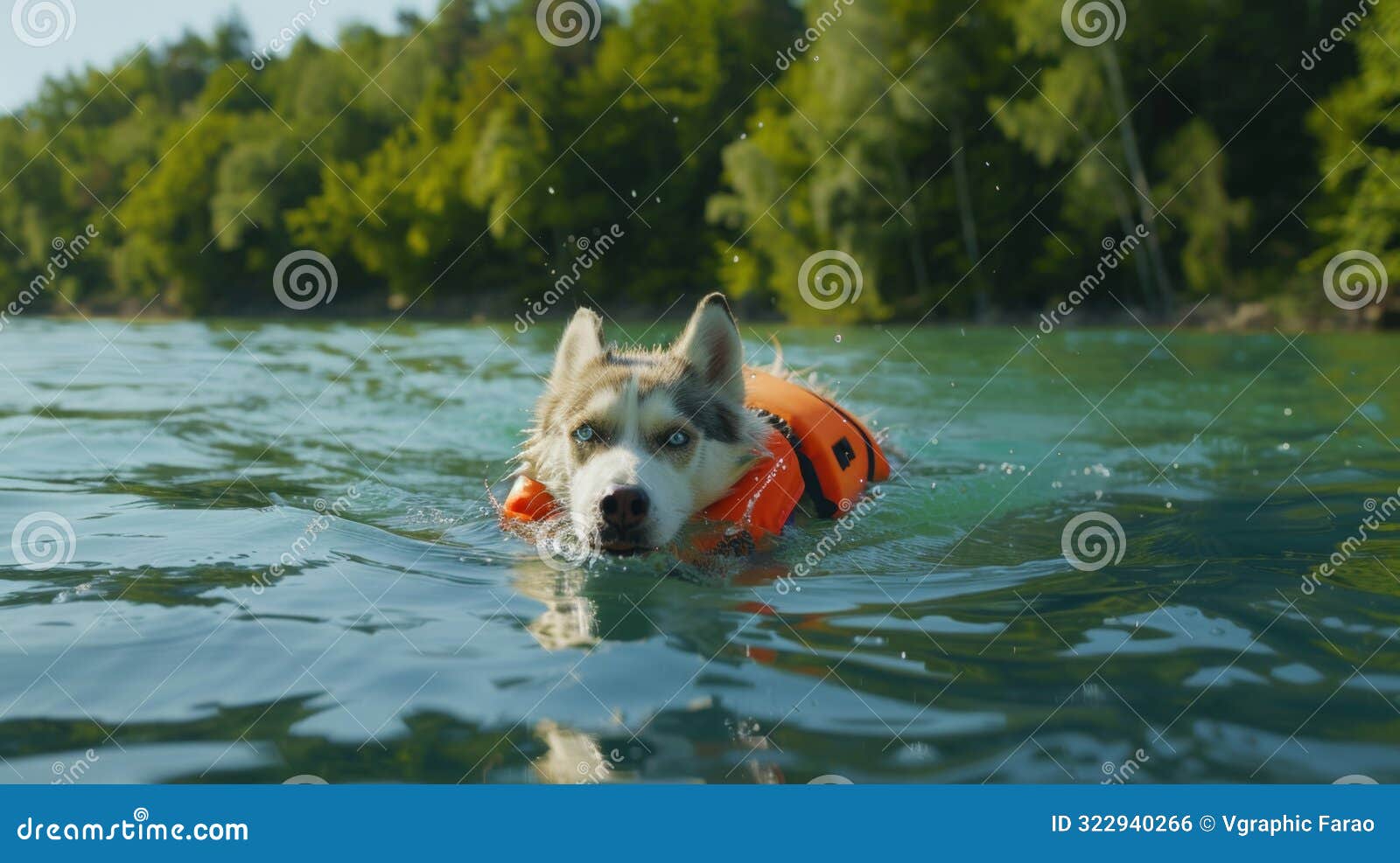 Siberian Husky Swimming in a Lake with a Life Jacket in a Forest ...