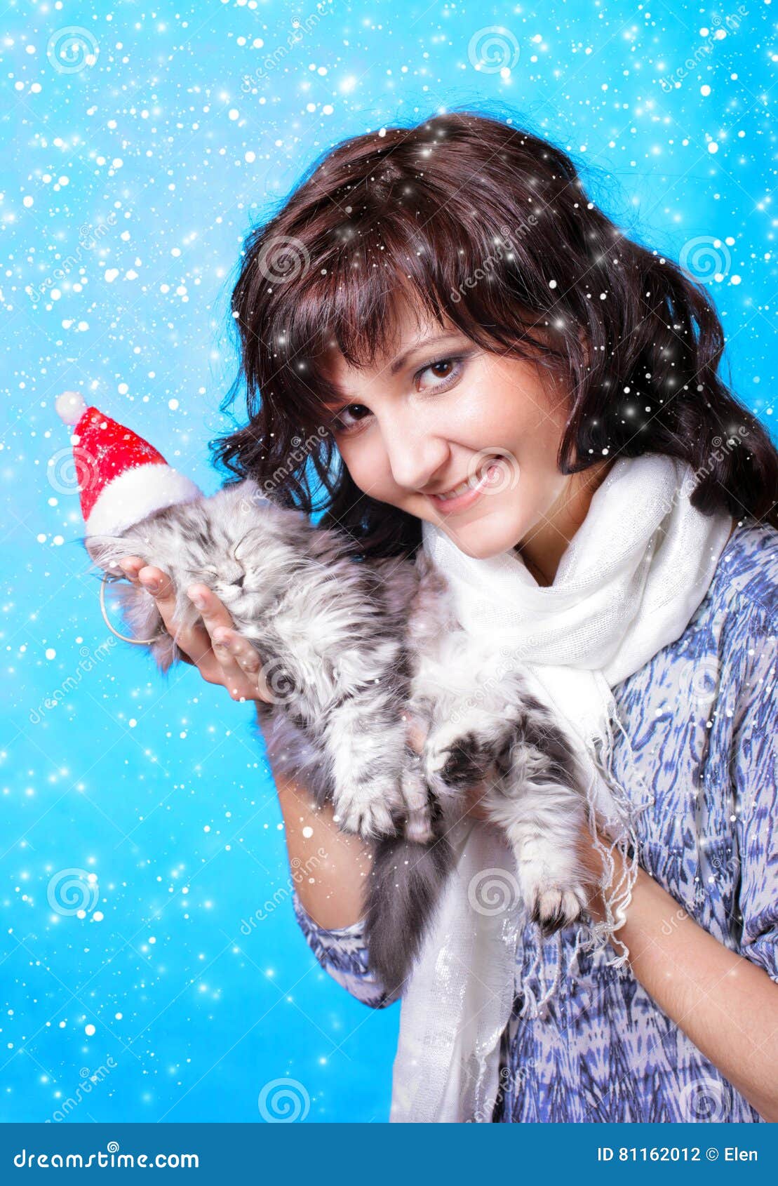 Young Woman with Kitten in Snow Stock Photo - Image of little, happy ...