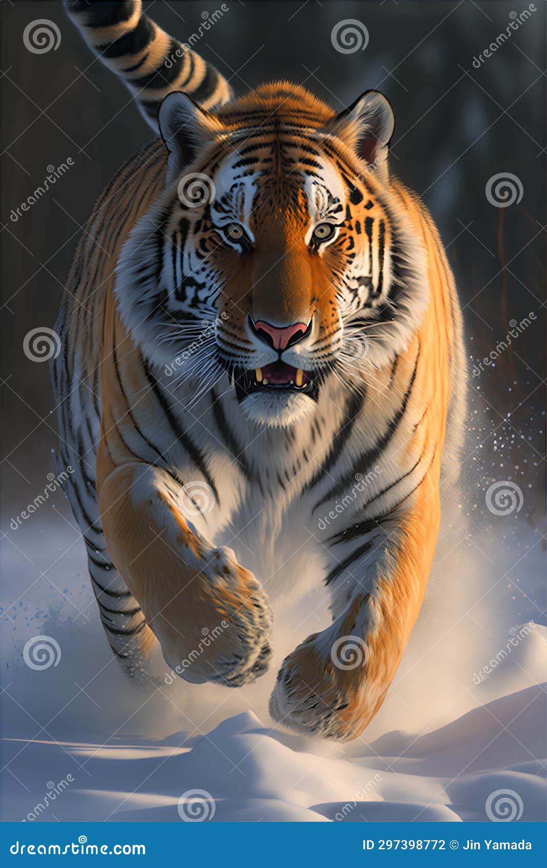 Siberian Tiger Running in Winter Forest. 3D Illustration Stock ...