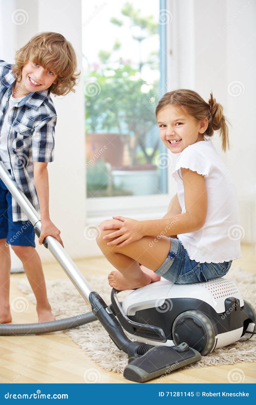 Siblings Cleaning Home with Vacuum Cleaner Stock Image - Image of dirty ...