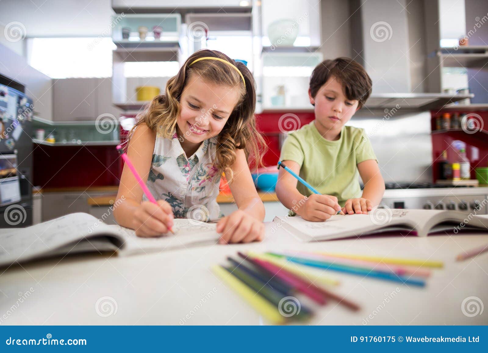 Siblings Doing Homework in Kitchen Stock Image - Image of home ...