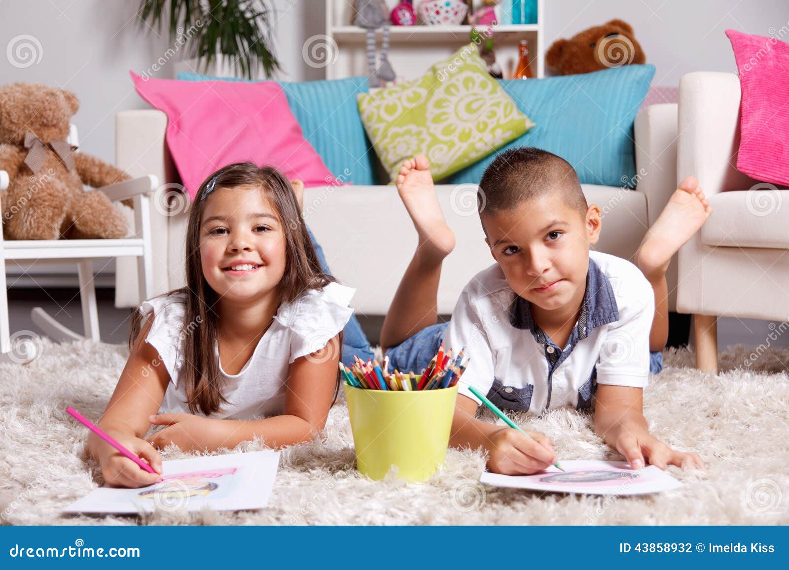 Siblings drawing at home stock photo. Image of homework - 43858932