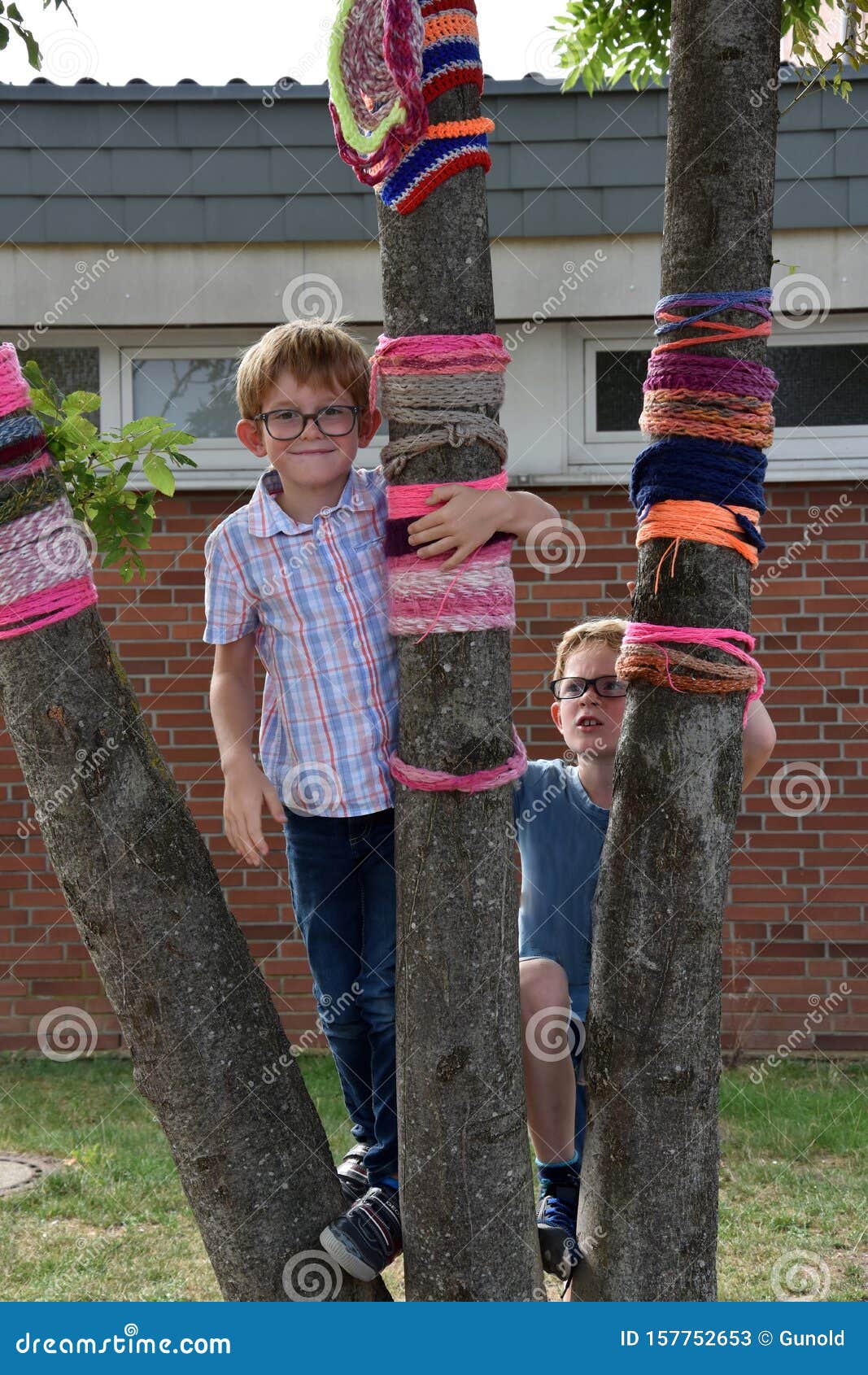 Siblings Playing between the Trunks of a Tree Stock Image - Image of ...
