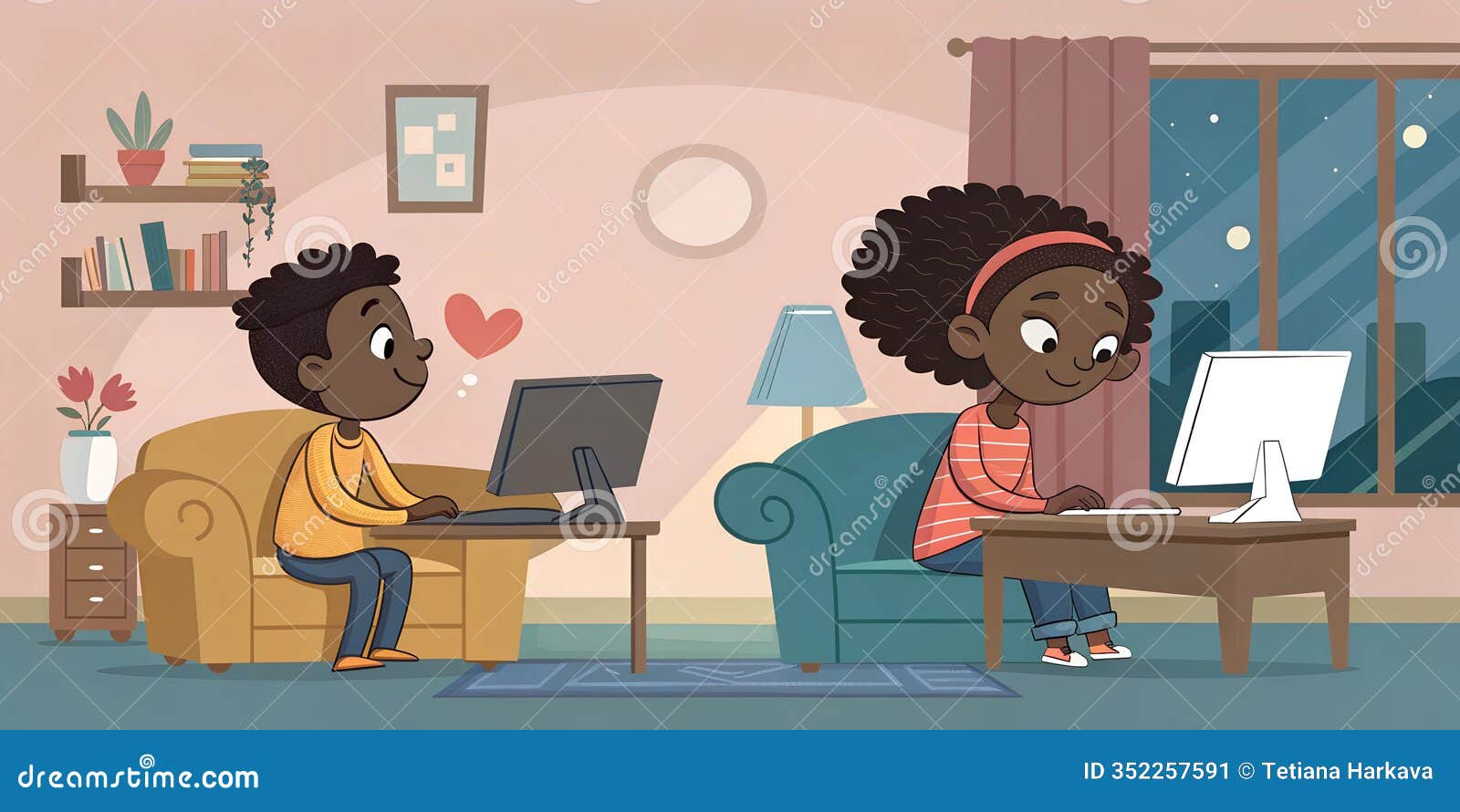 Siblings Using Computers in Cozy Living Room. Cartoon Illustration of ...