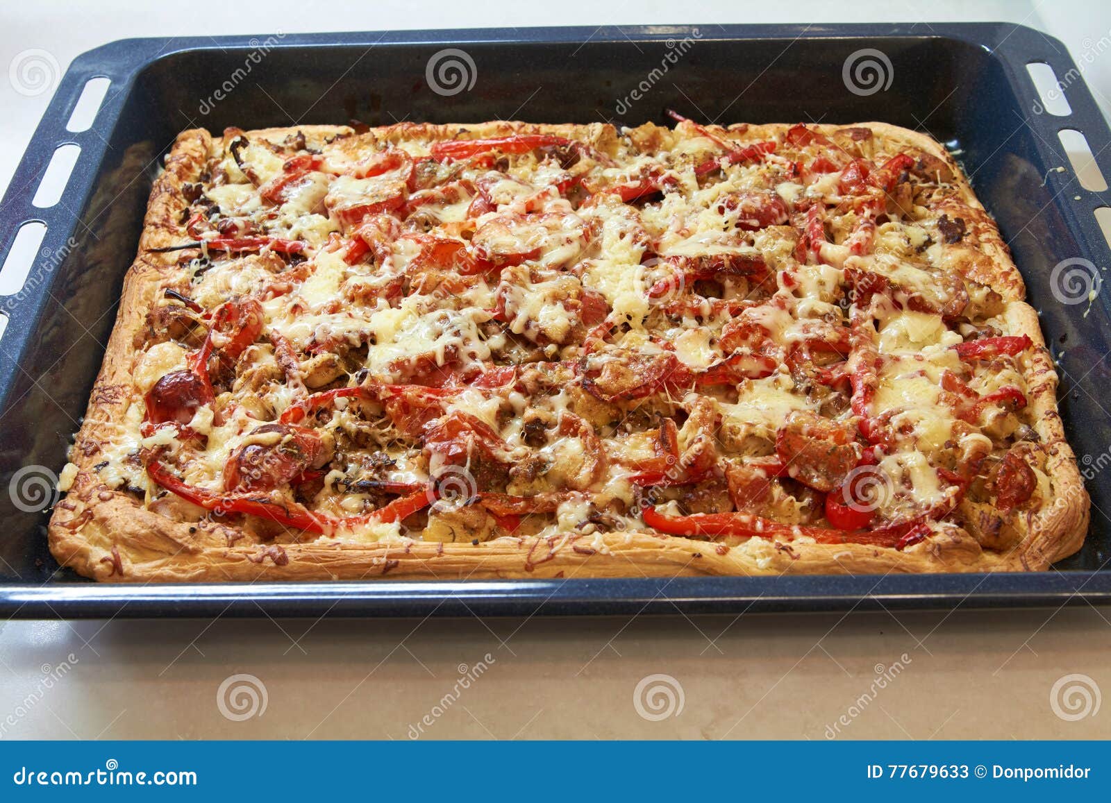 Sicilian Rectangular Pizza with Cheese and Tomato Topping on Baking ...