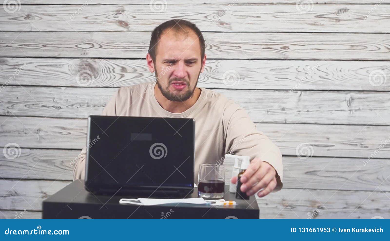 Sick Beard Man Coughing, Sitting at Workplace with Computer. Stock ...