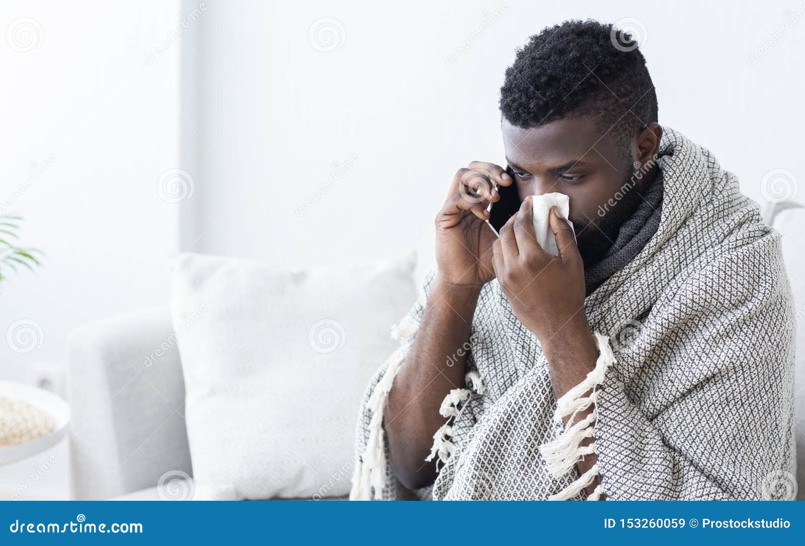 Sick Black Guy Calling an Ambulance, Caught Flu Stock Image - Image of ...