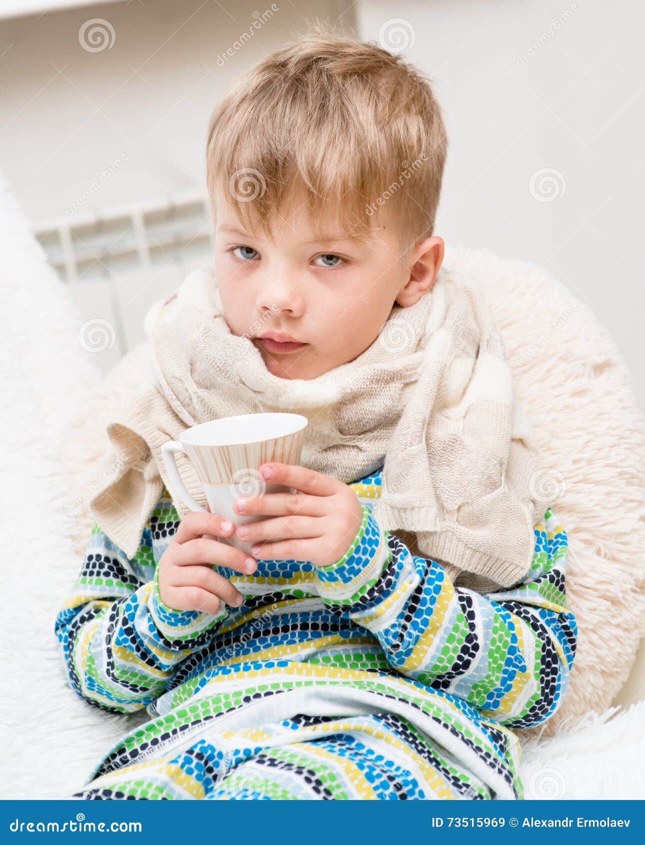 Sick Boy With A Cup In His Hand Sitting On The Bed Royalty-Free Stock ...