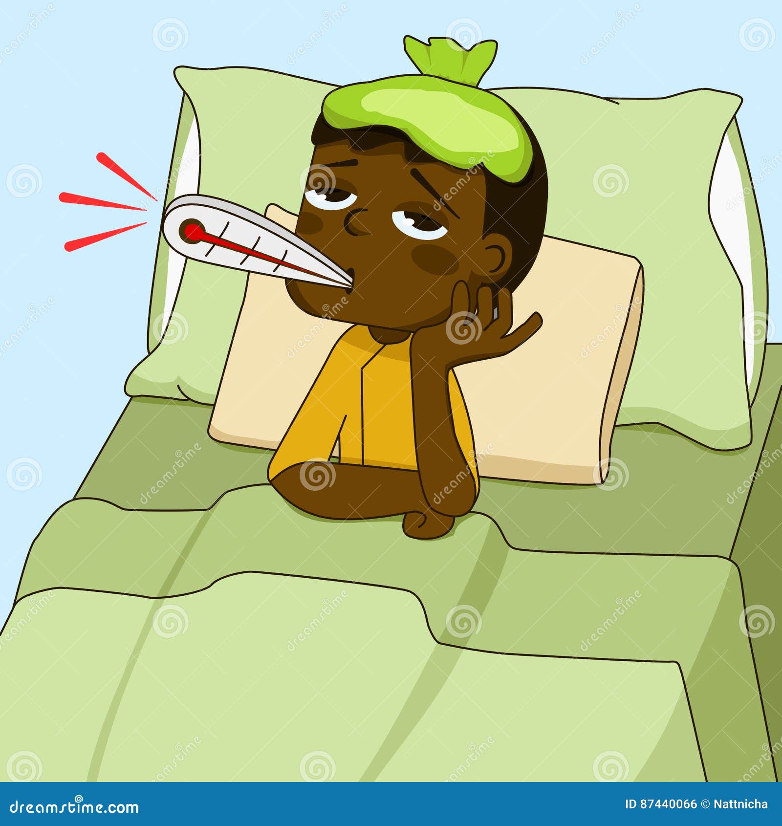 Sick Old African Woman With Thermometer In Bed Flat Vector Illustration ...