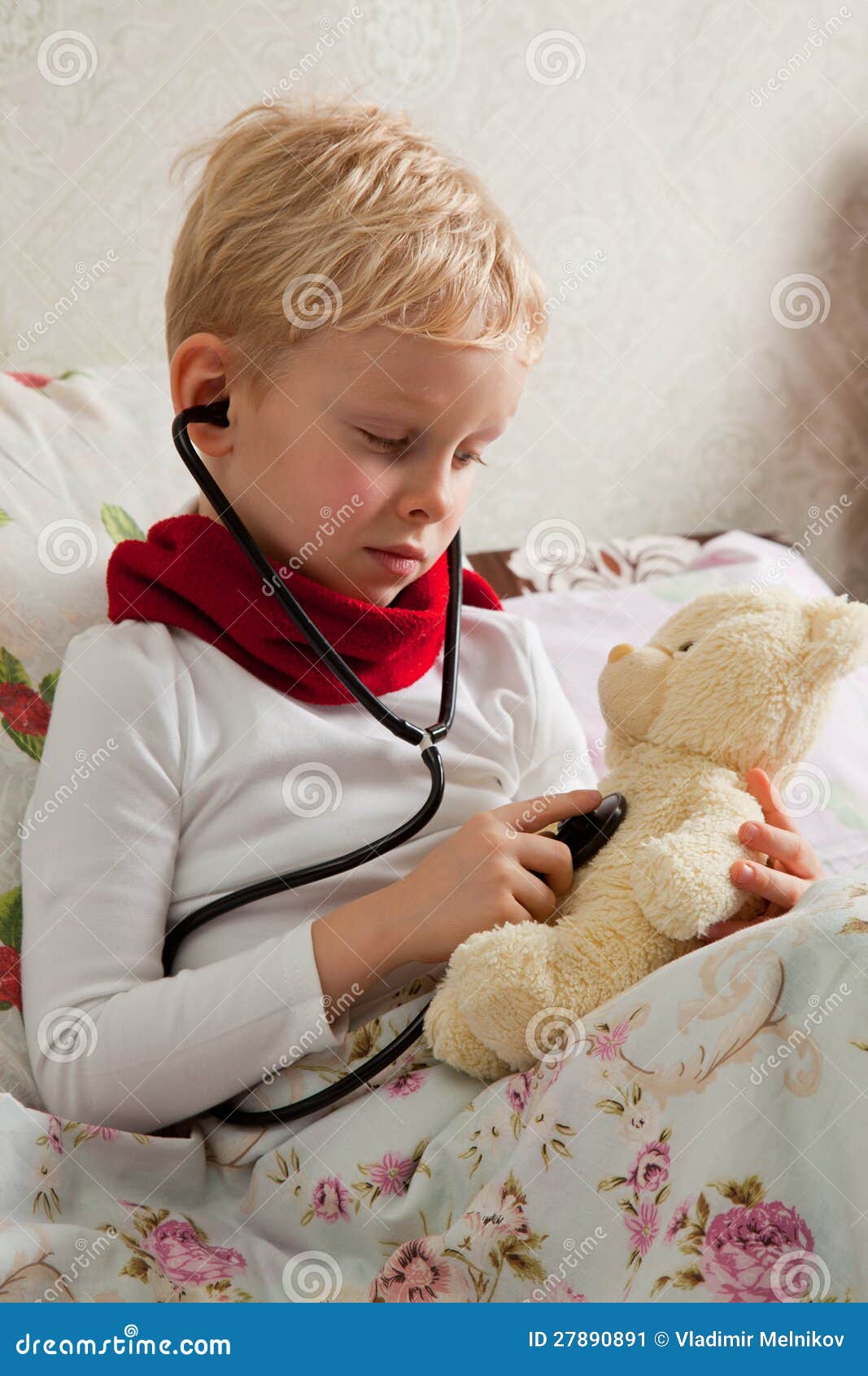 Sick Boy is Playing with a Stethoscope Stock Image - Image of child ...