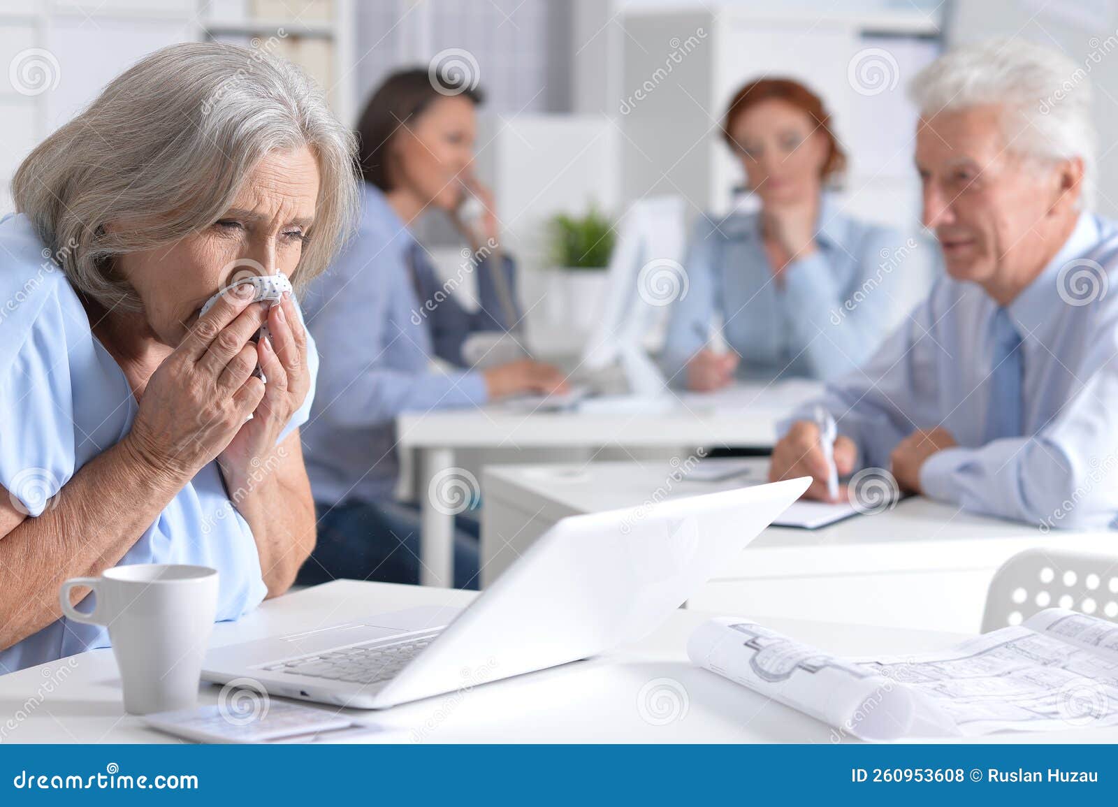 Sick Business Woman Working in Light Office Stock Photo - Image of ...
