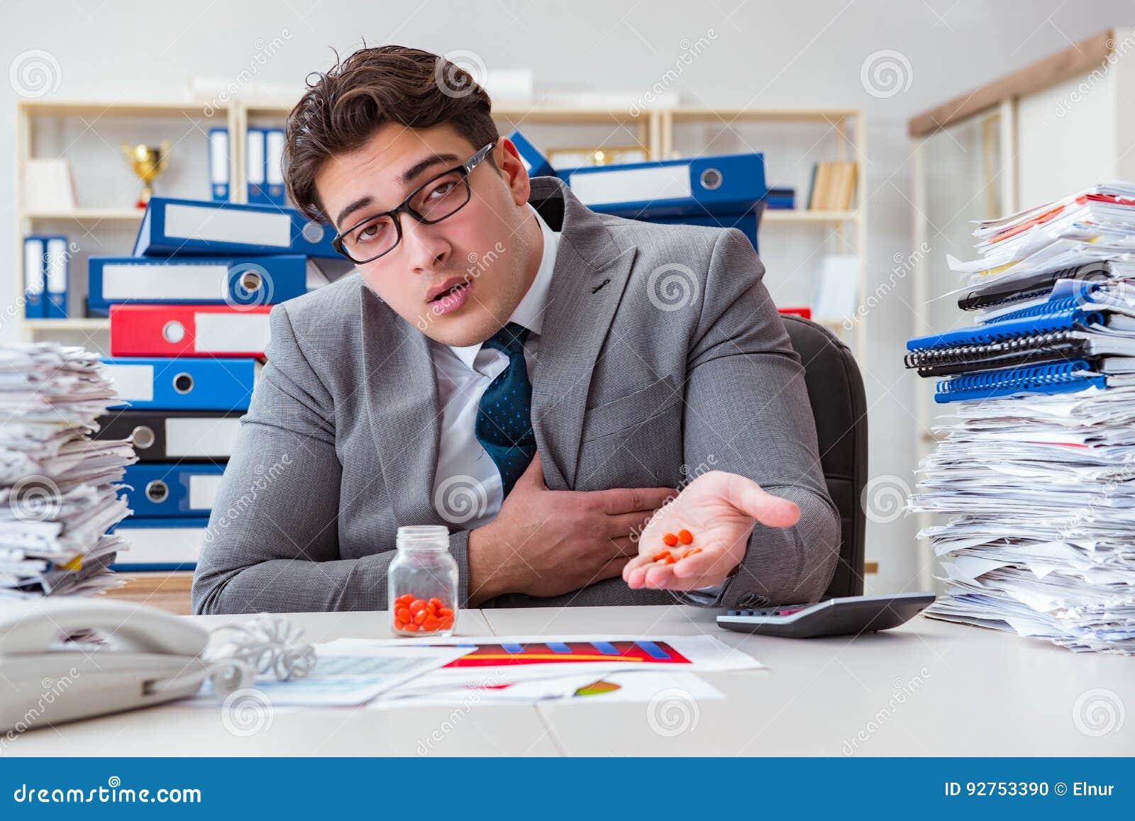 The Sick Businessman with Medicines at Work Desk Stock Photo - Image of ...
