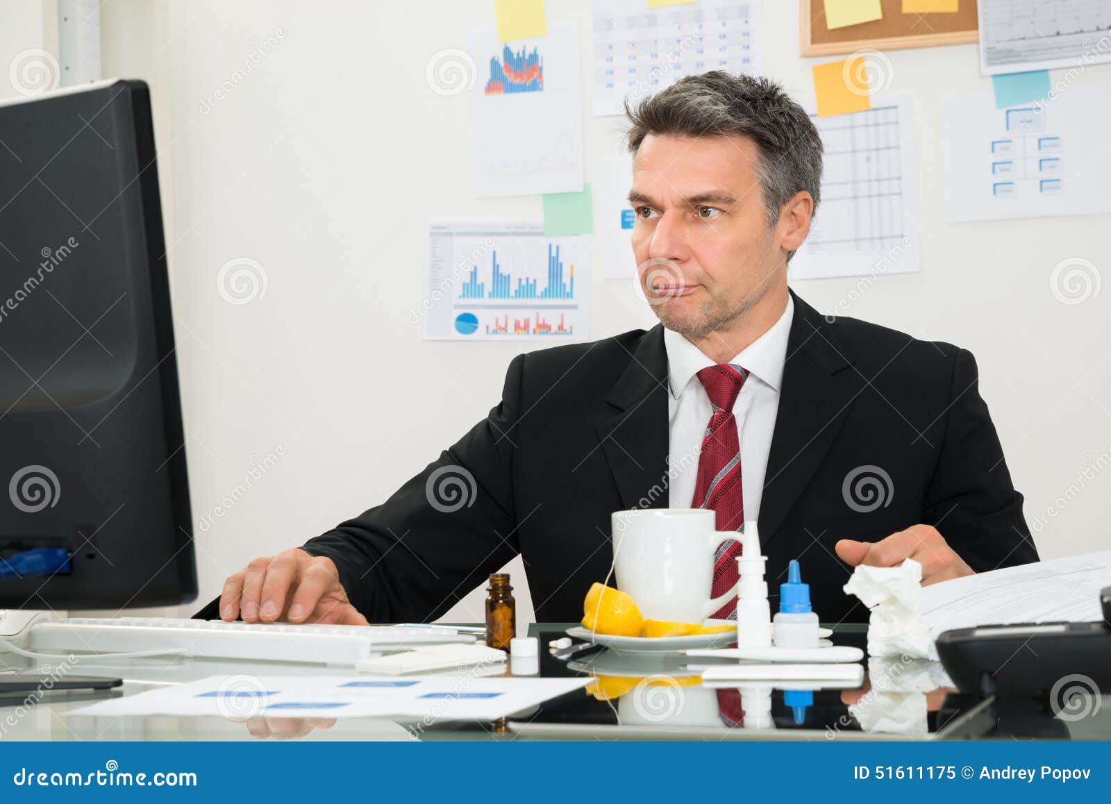 Sick Businessman Using Computer Stock Image - Image of desk, monitor ...