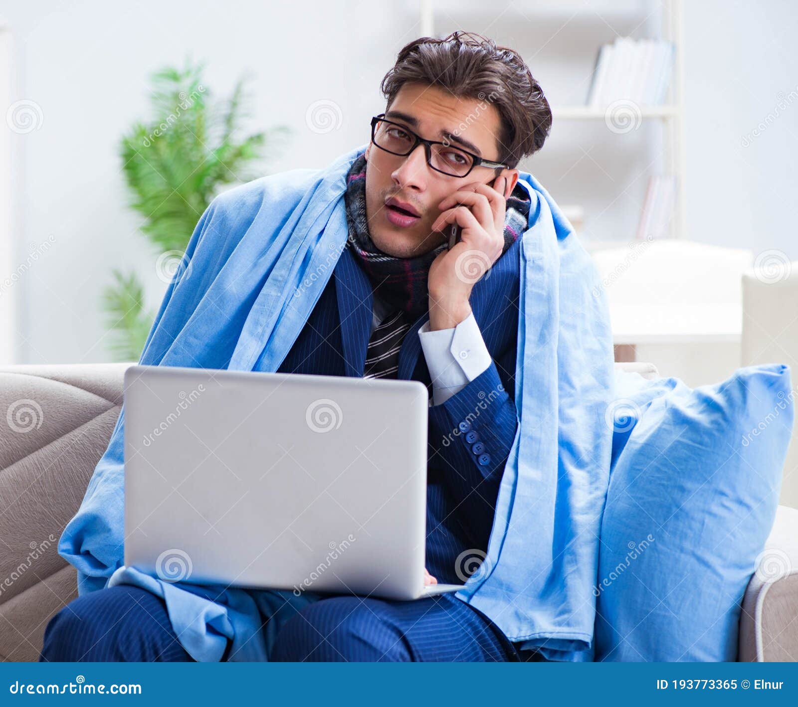 Sick Businessman Working from Home Due To Flu Sickness Stock Image ...
