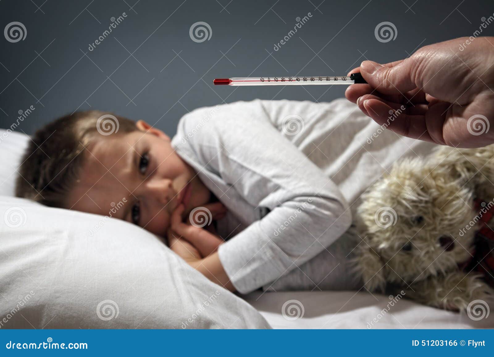 Sick Child in Bed with High Temperature Stock Photo - Image of ...