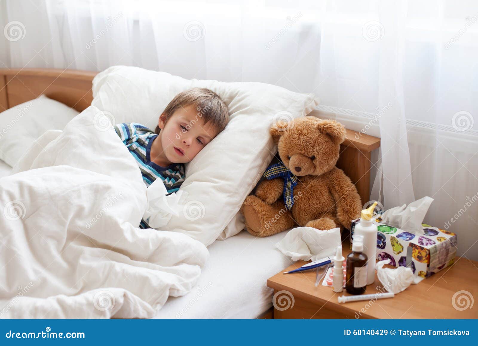 Sick Child Boy Lying in Bed with a Fever, Resting Stock Image - Image ...