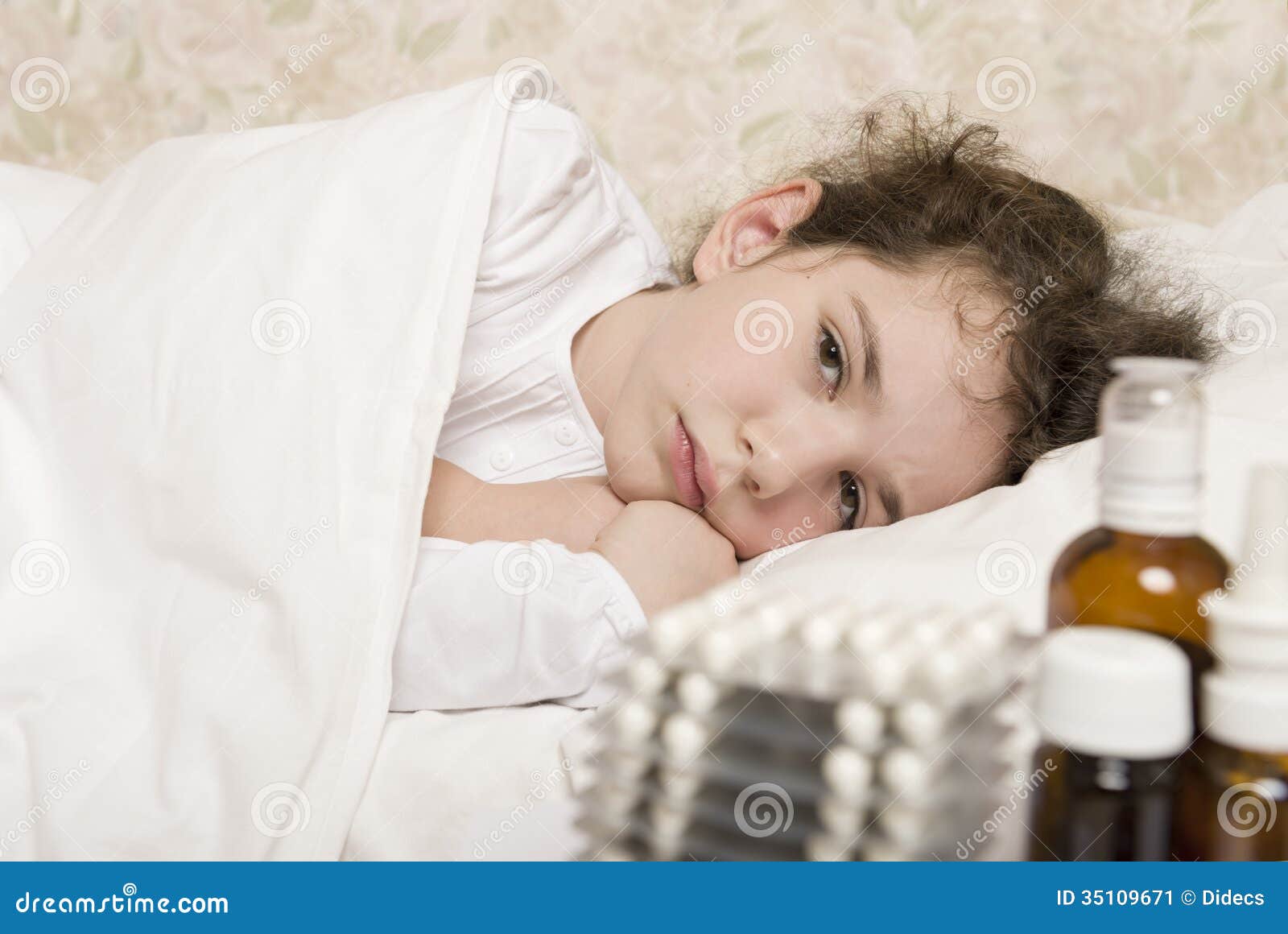 Sick Child Boy Lying In Bed With A Fever, Resting Stock Photo ...