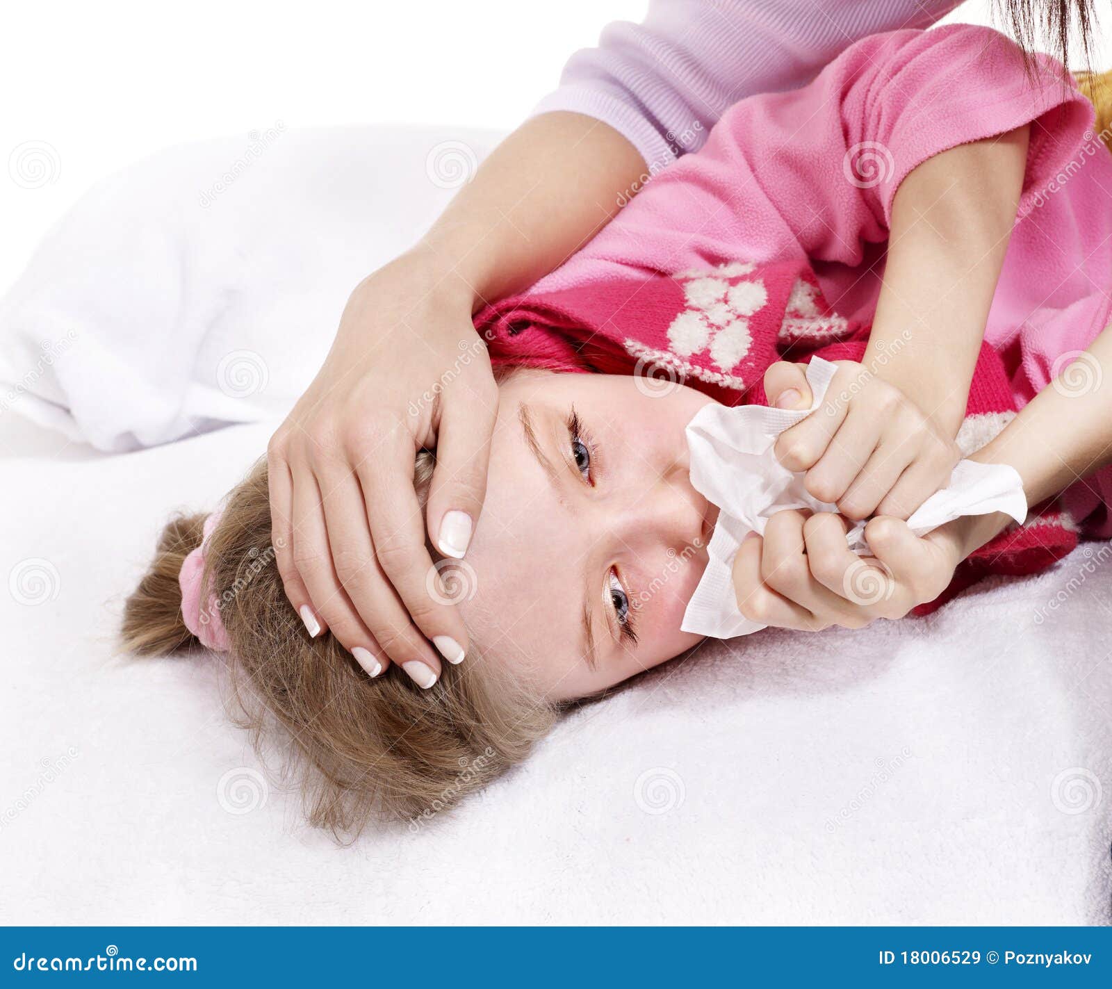 Sick Child with Handkerchief in Bed. Stock Image - Image of scarf ...