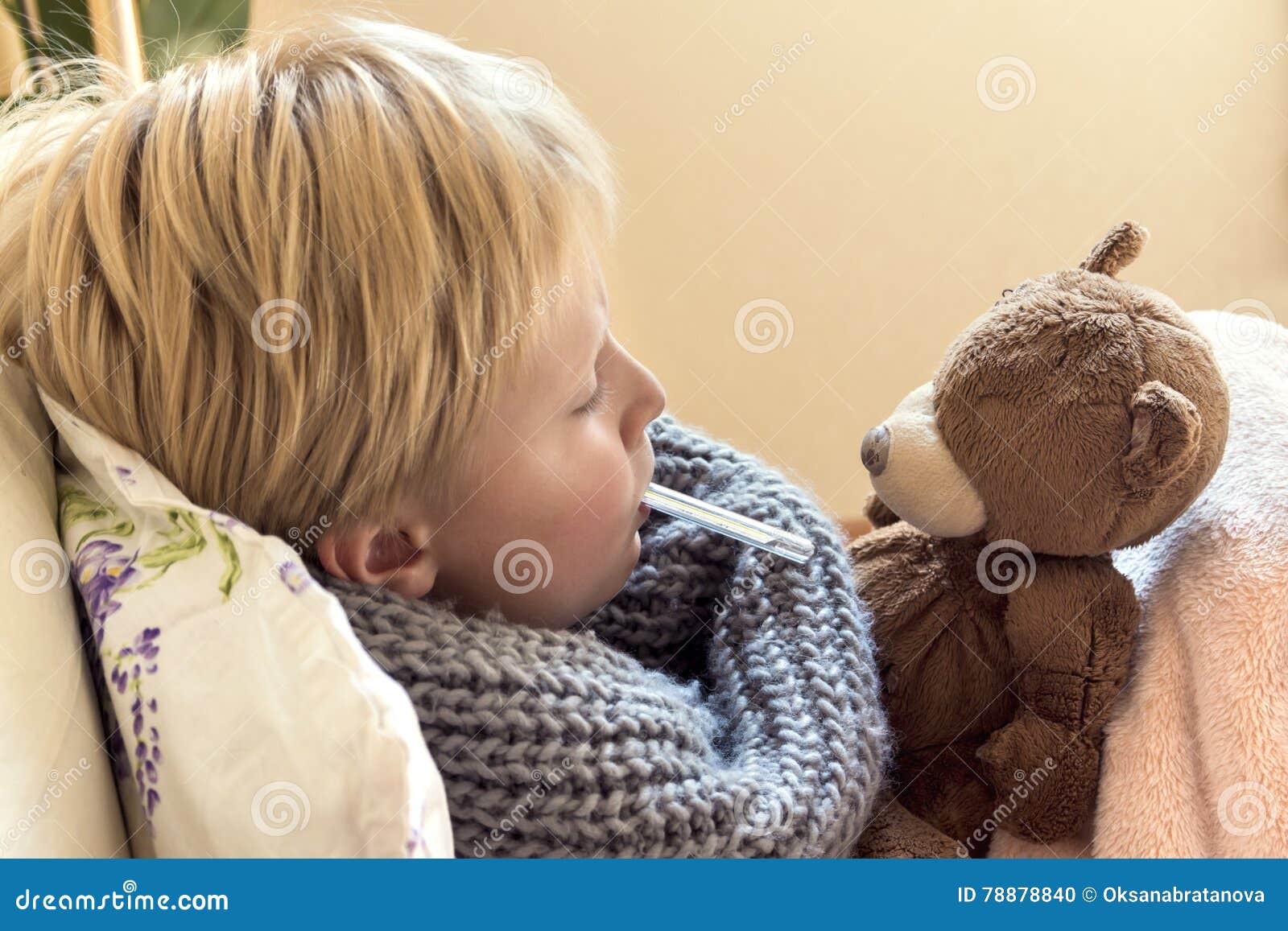 Sick child lying in bed stock photo. Image of people - 78878840
