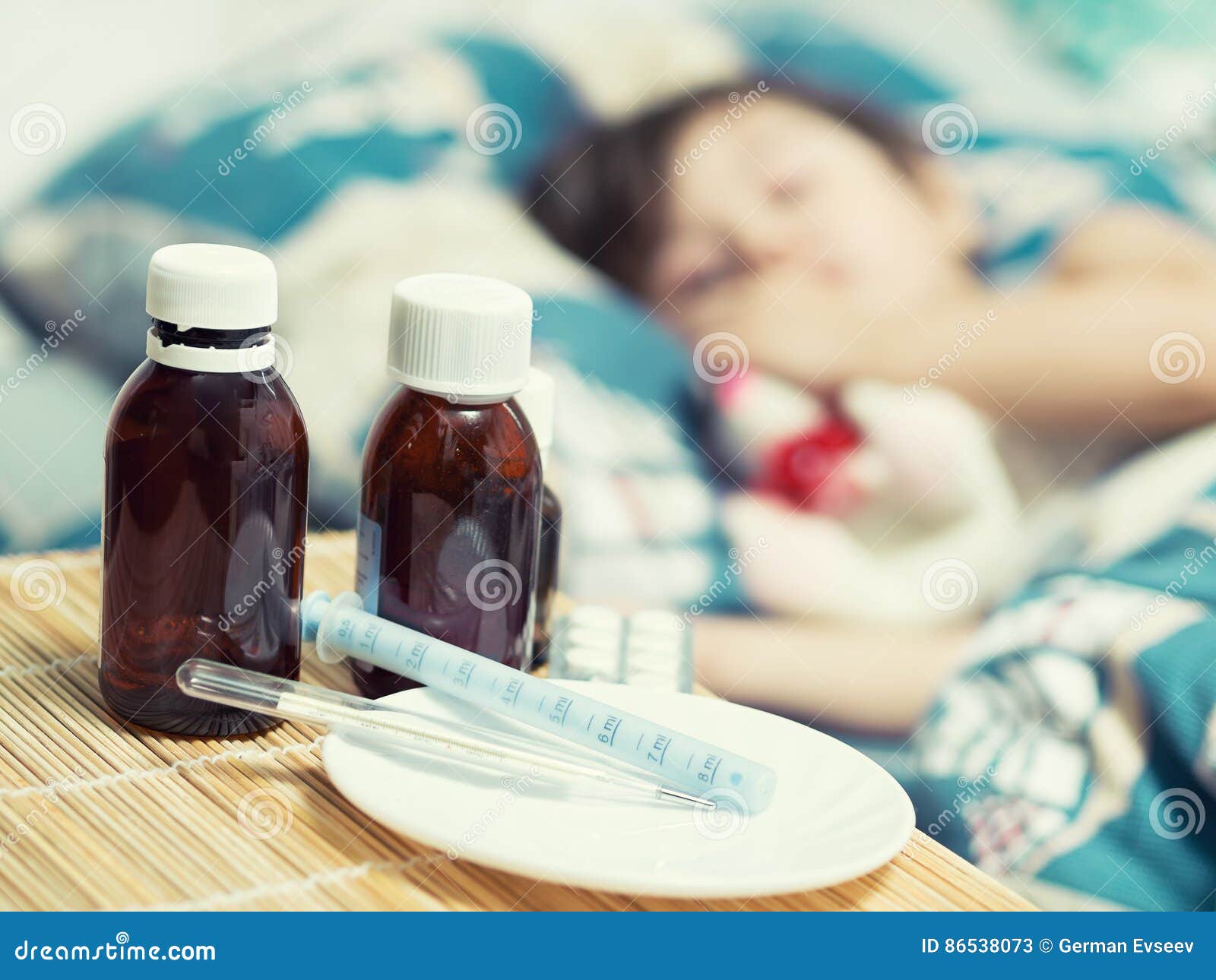 Sick Child and Medicine on the Table Stock Image - Image of child ...