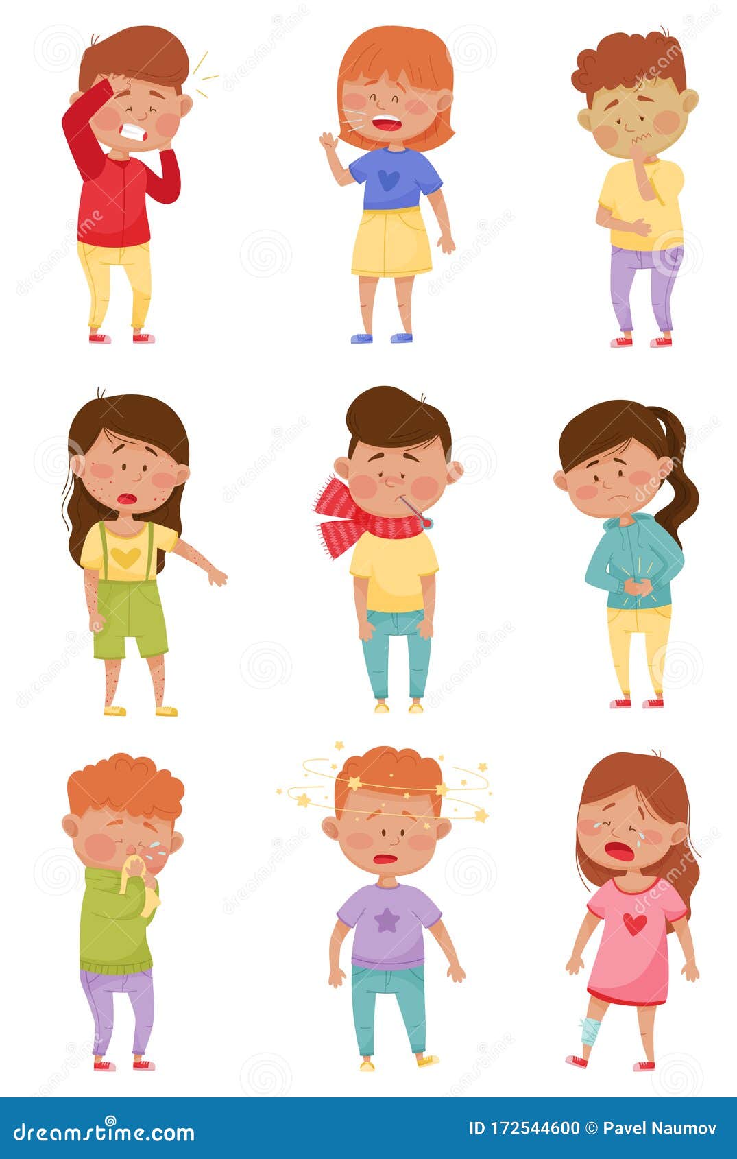 Sick Children Standing and Feeling Unwell Vector Illustrations Set ... Sick Children Standing and Feeling Unwell Vector Illustrations Set ...