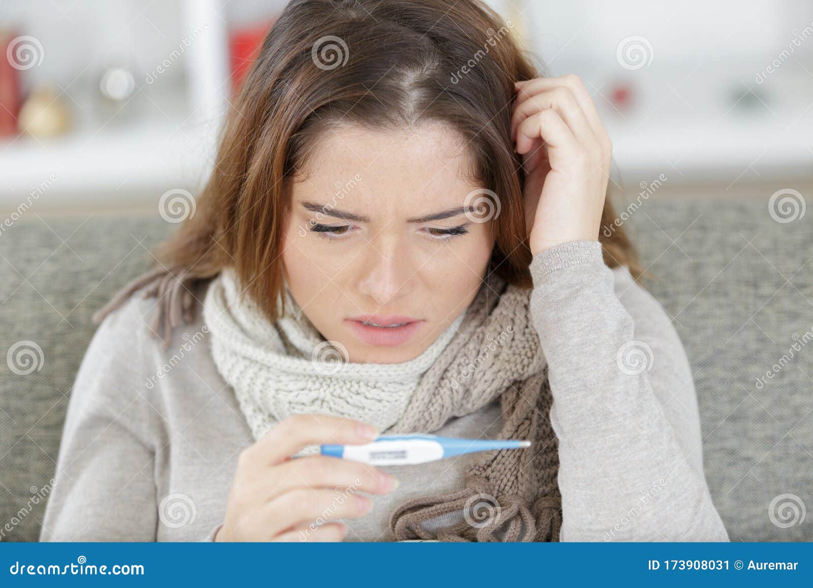 Sick Cold Woman Looking at Thermometre Stock Image - Image of girl ...