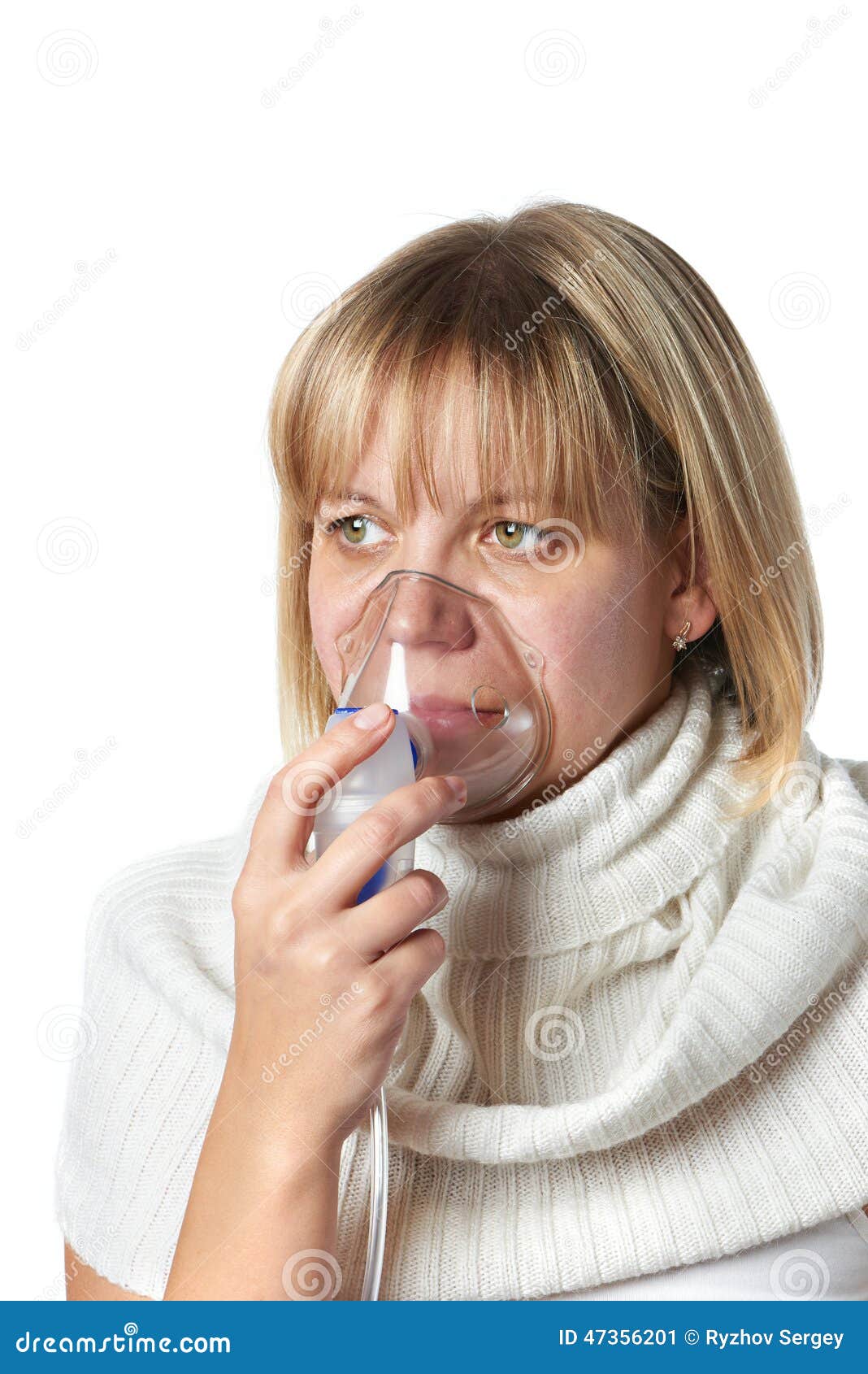 Sick Cough Woman Using Inhaler Mask Isolated Stock Image - Image of ...