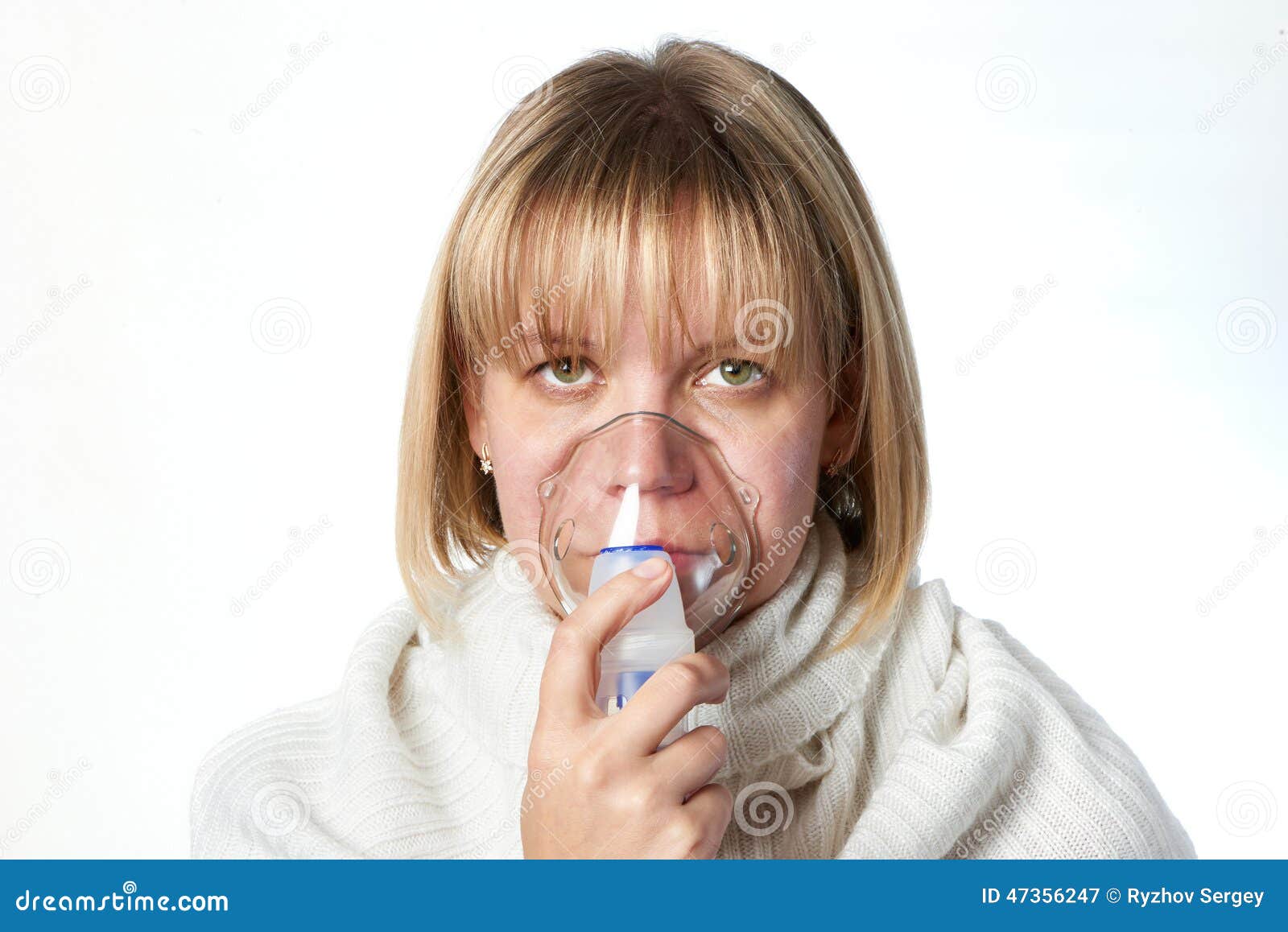 Sick Cough Woman Using Inhaler Mask Isolated Stock Image - Image of ...