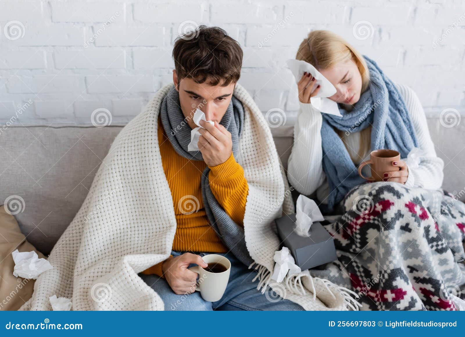 Sick Couple Covered in Blankets Holding Stock Image - Image of ...