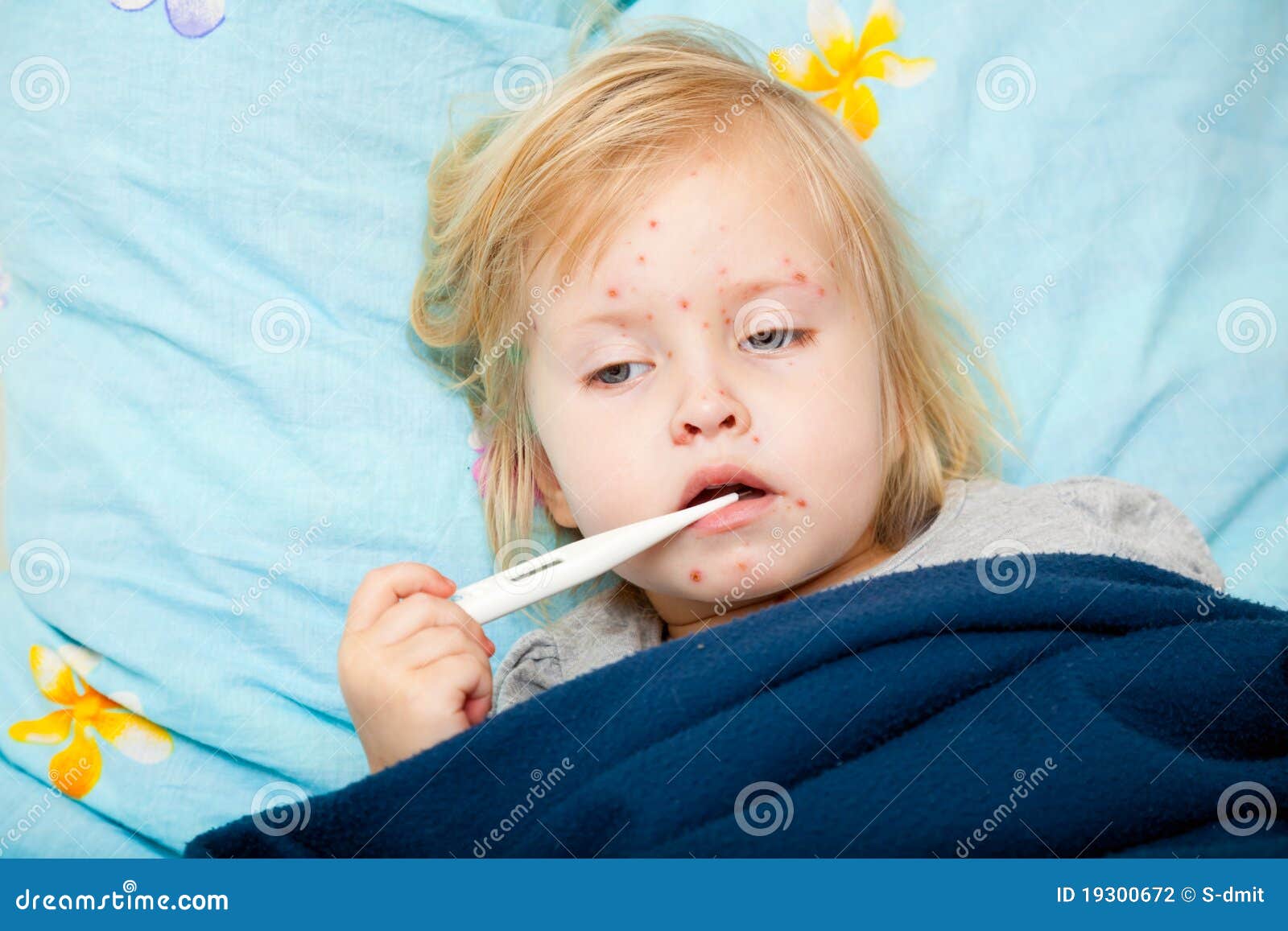 Sick Cute Teen Girl Lying In Bed With Termometer In Her Hand Stock ...