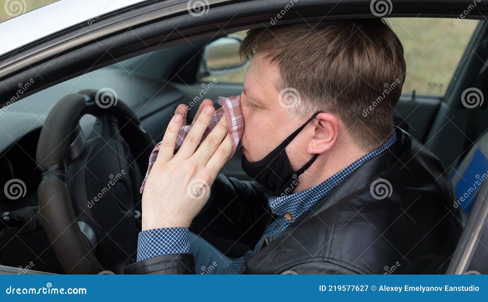 A Sick Driver in the Car Wipes His Snot with Stock Image - Image of ...